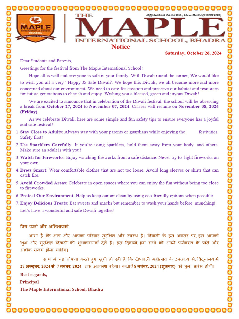 Diwali Break Notice 26-10-2024 | PDF