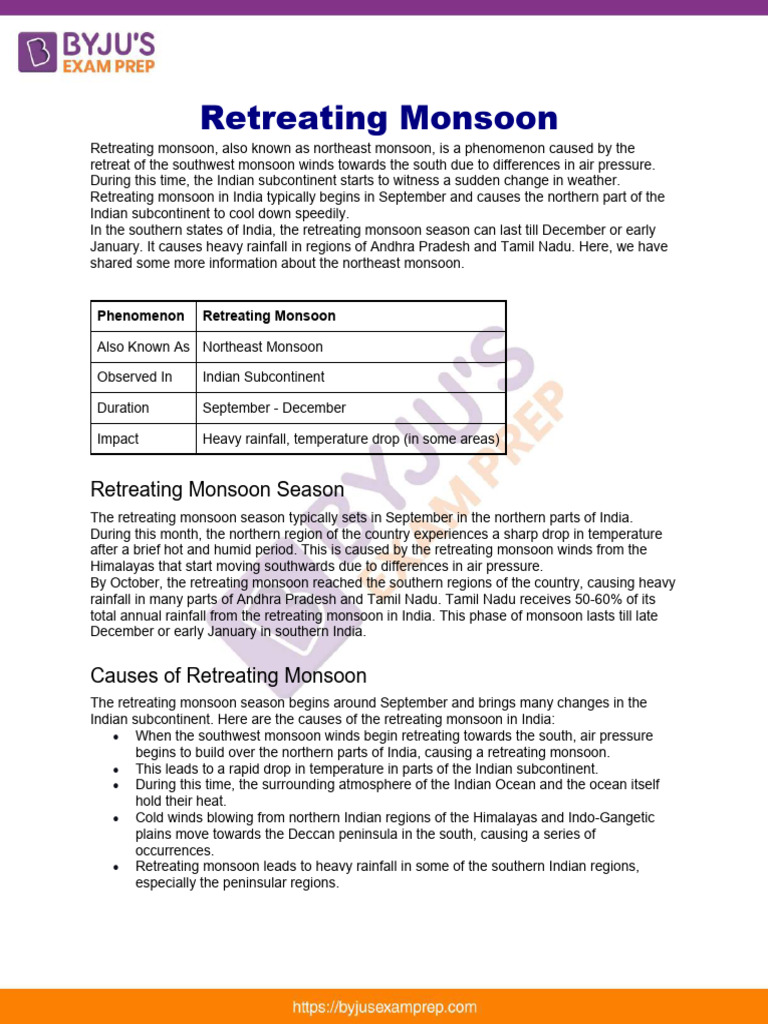 Characteristics of Retreating Monsoon | PDF | Monsoon | South India
