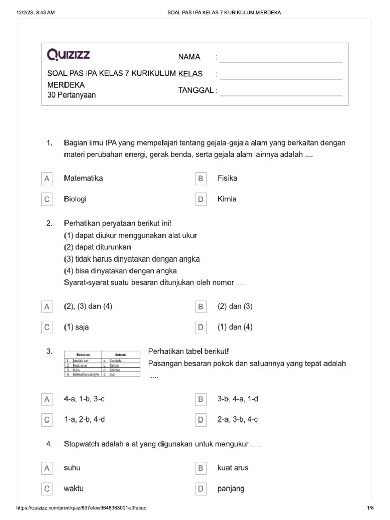 Soal Pas Ipa Kelas 7 Kurikulum Merdeka | PDF