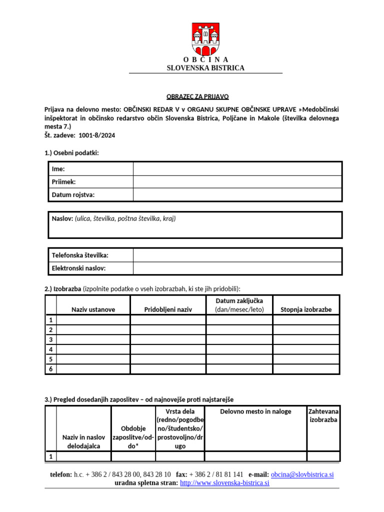 OBRAZEC ZA PRIJAVO- obÃ Å¤inski redar - dm 7 | PDF