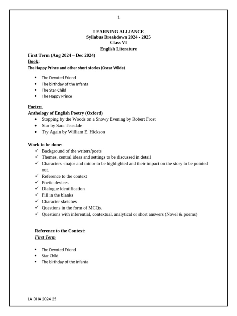 English Literature-Grade 6 - Course Outlines 2024-25 | PDF | Poetry