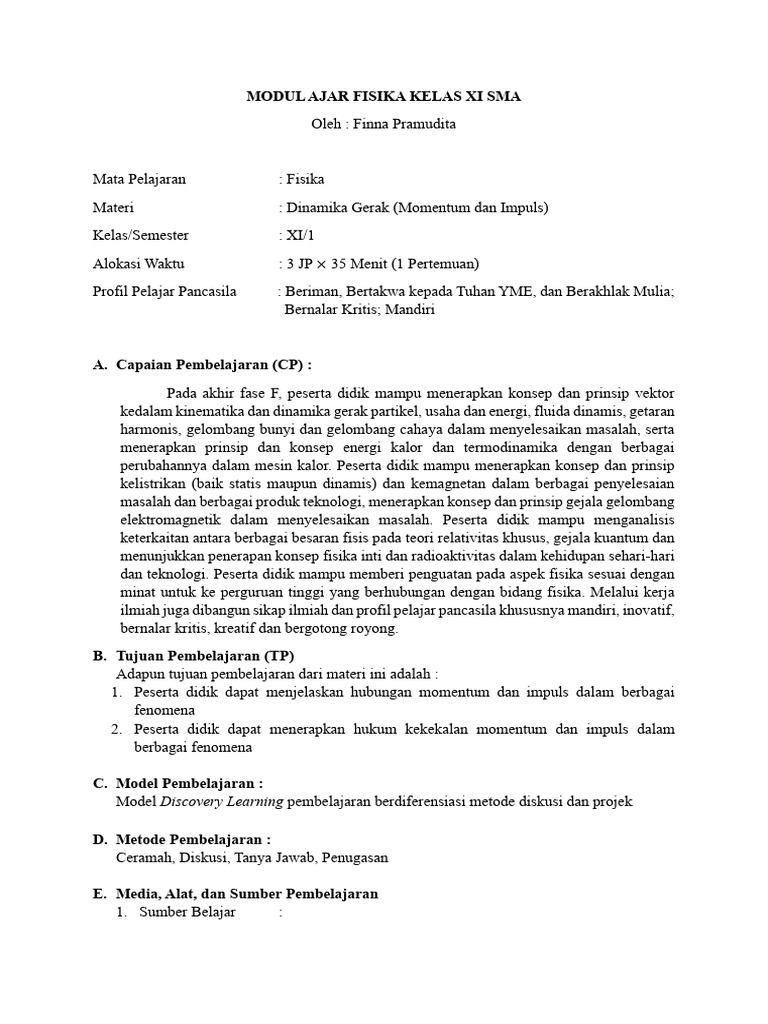 Modul Ajar Fisika Kelas Xi Sma Momentum Dan Impuls | PDF