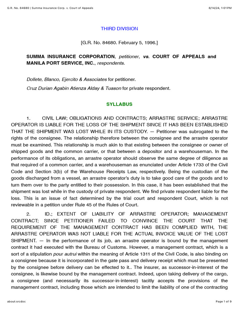 Summa Insurance Corp. v. Court of Appeals | PDF | Legal Liability | Lawsuit