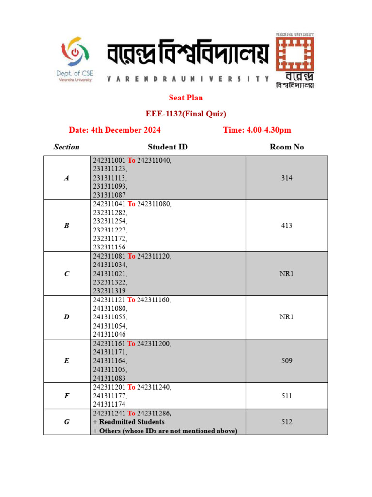 Quiz Seat Plan | PDF