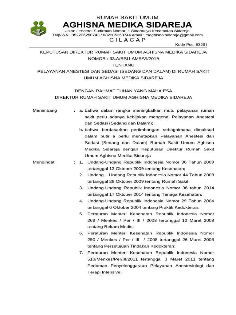 PAB 1 NO 1 SK PELAYANAN ANESTESI DAN SEDASI DAN DALAM | PDF