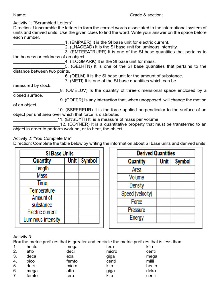 SI Units and Metric Prefixes Activity | PDF | International System Of ...