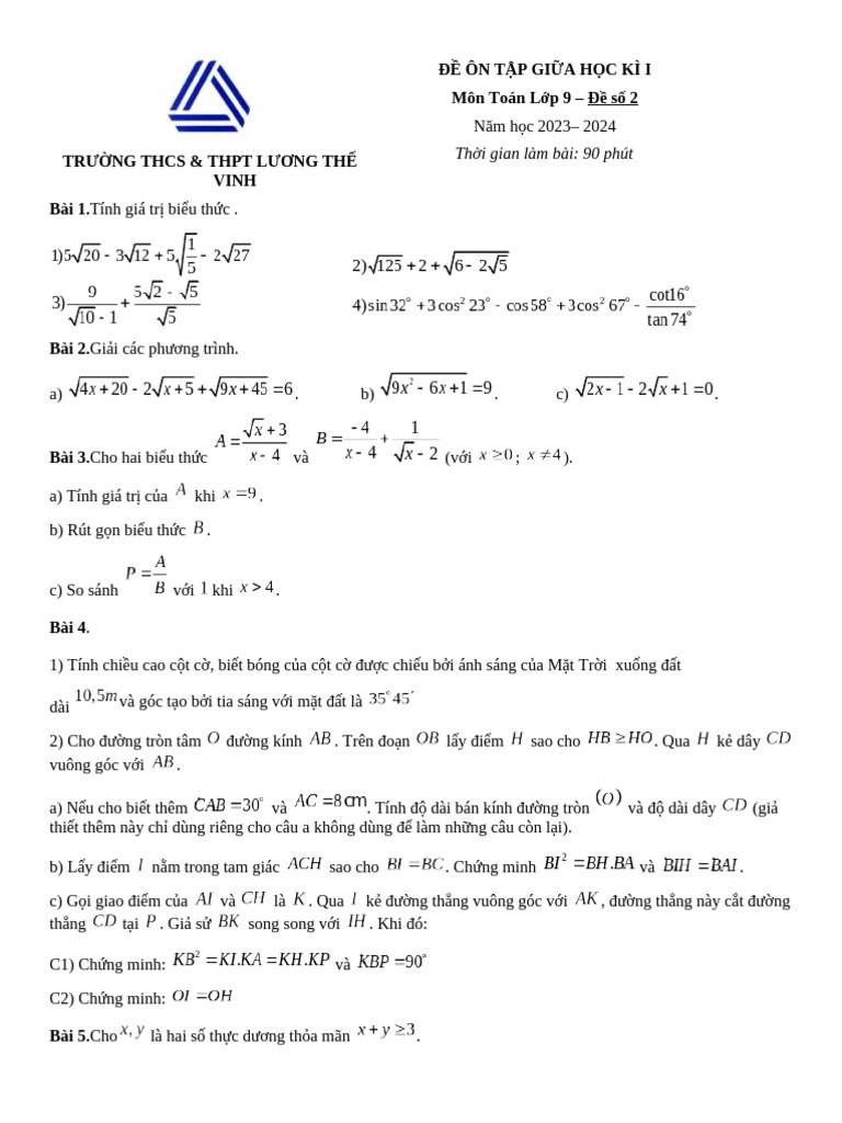 TOÁN-9-ĐỀ SỐ 2-ĐA-ÔN TẬP GK1-TRẦN TƯƠI | PDF