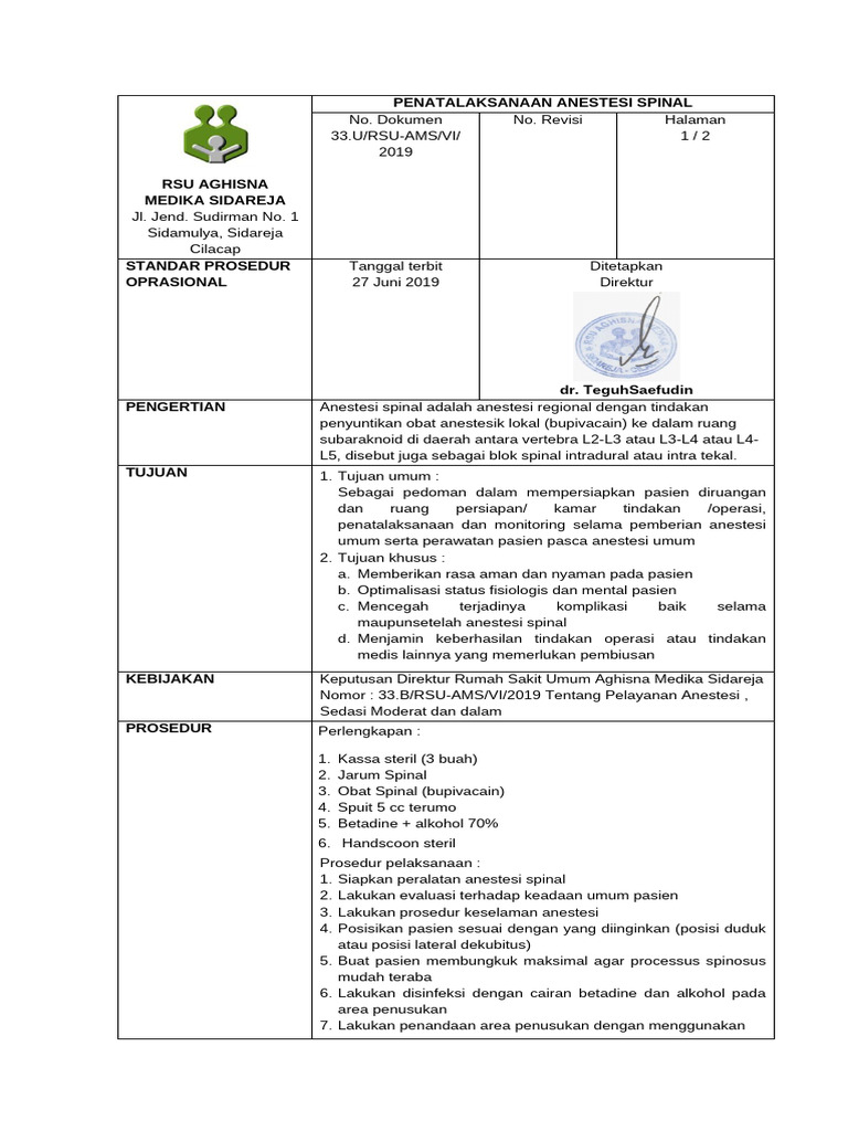 Pab 2 No 1 Spo Penatalaksanaan Anestesi Spinal | PDF