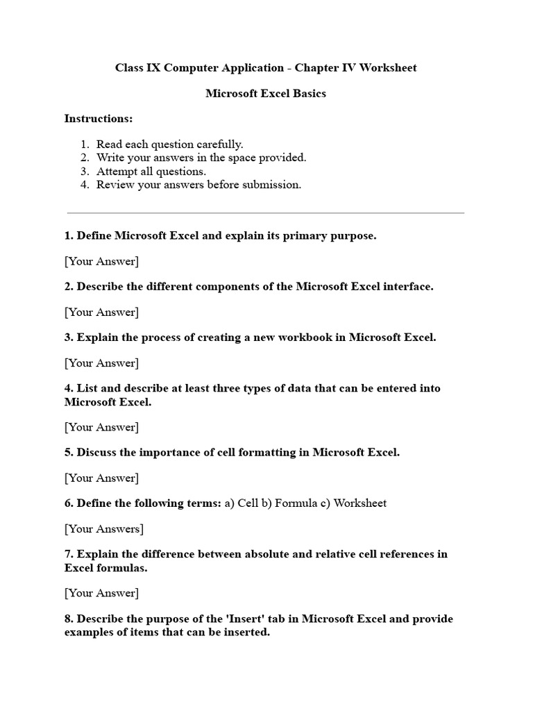 Class IX Computer Application ChapterIV Worksheet - Docx 1 | PDF