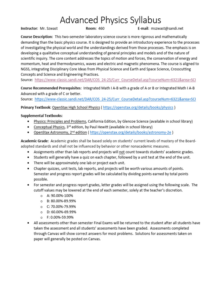Szwast Advanced Physics Syllabus 2024-2025 (1) | PDF | Force | Physics
