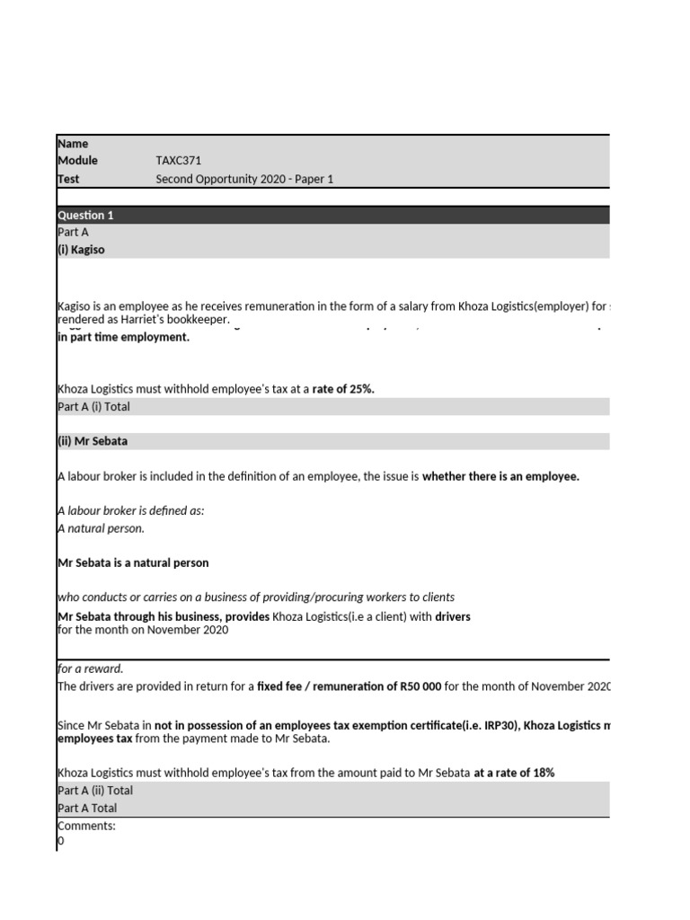 TAXC371 - 2nd Opp 2020 Solution | PDF | Taxes | Capital Gain