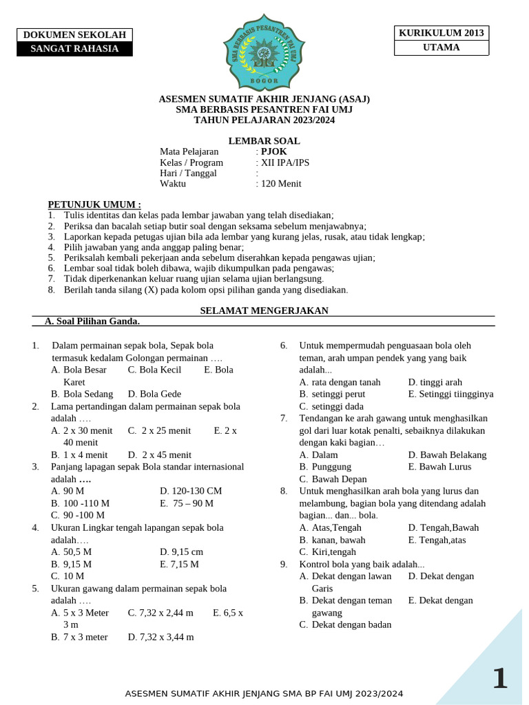 SOAL ASAJ PJOK XII 2024 | PDF