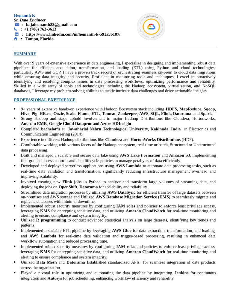 Hemanth K - 9 Yrs - Sr. Data Engineer | PDF | Apache Spark | Apache Hadoop