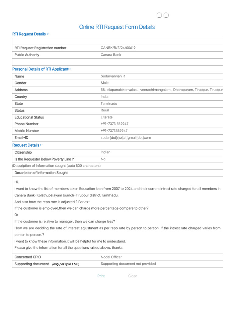 Canara Bank RTI Request Details | PDF