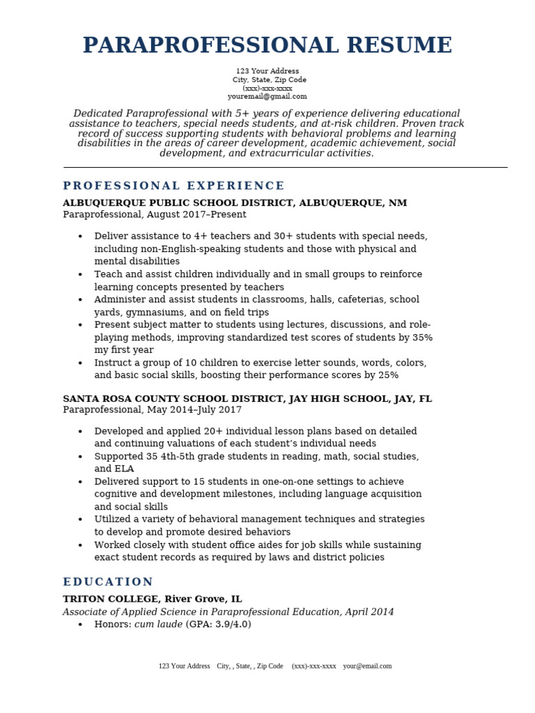 Paraprofessional Resume Dark Blue | PDF | Teachers | Résumé