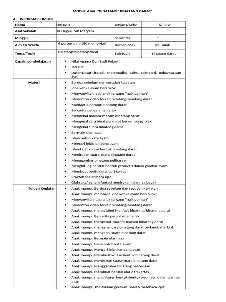 Modul - Ajar - Binatang (Binatang Darat) | PDF