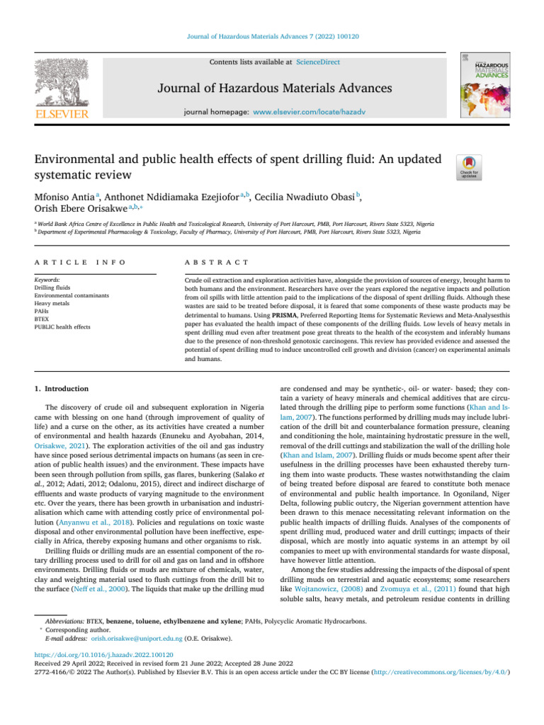 Environmental and public health effects of spent drilling fluid An ...