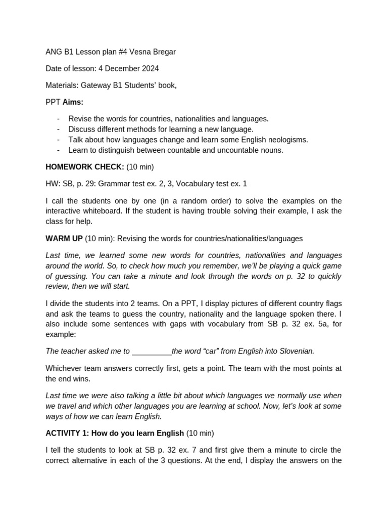 B1 English Lesson Plan: Language Learning | PDF | English Language | Word