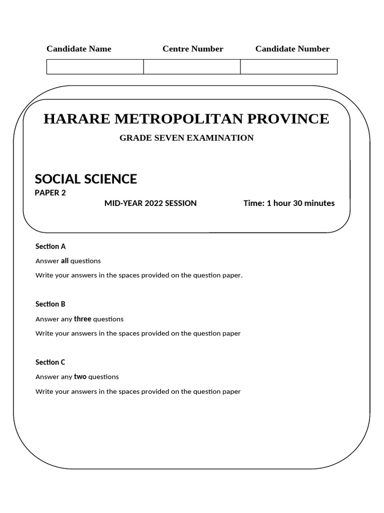 Harare Province Grade 7 Social Science Paper 2 Mid Year Session 2022 | PDF