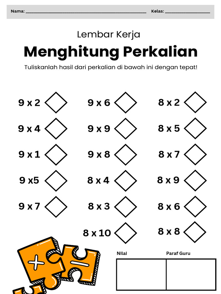 Menghitung Perkalian Worksheet Hitam Dan Putih Dan Oren Gaya Ilustratif ...
