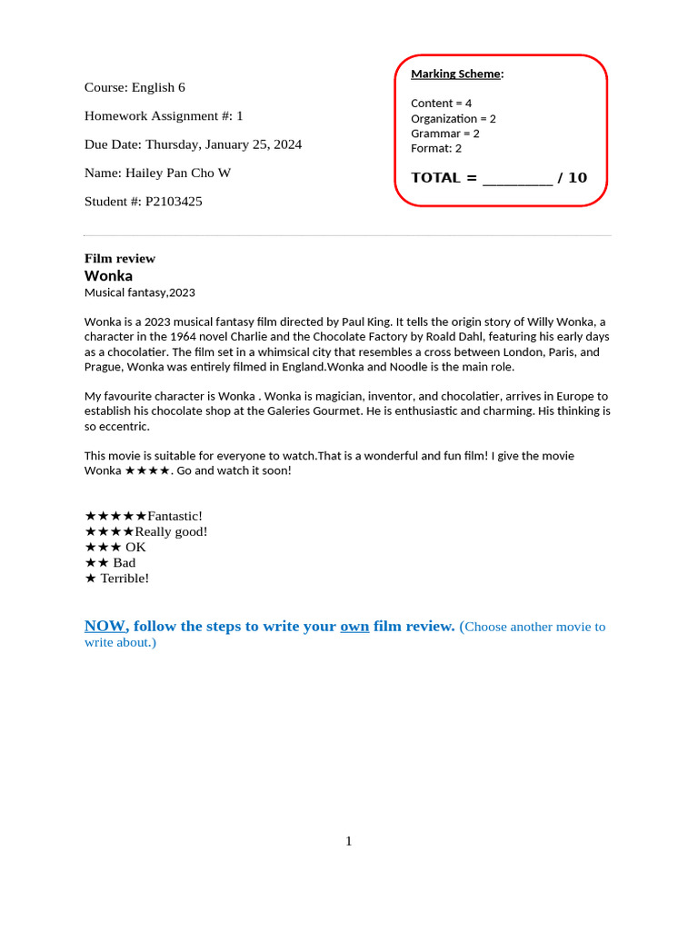 Class 2 B2 Writing a Movie Review Page Format Requirement Sample | PDF