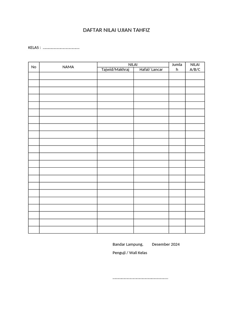 Daftar Nilai Ujian Tahfiz | PDF
