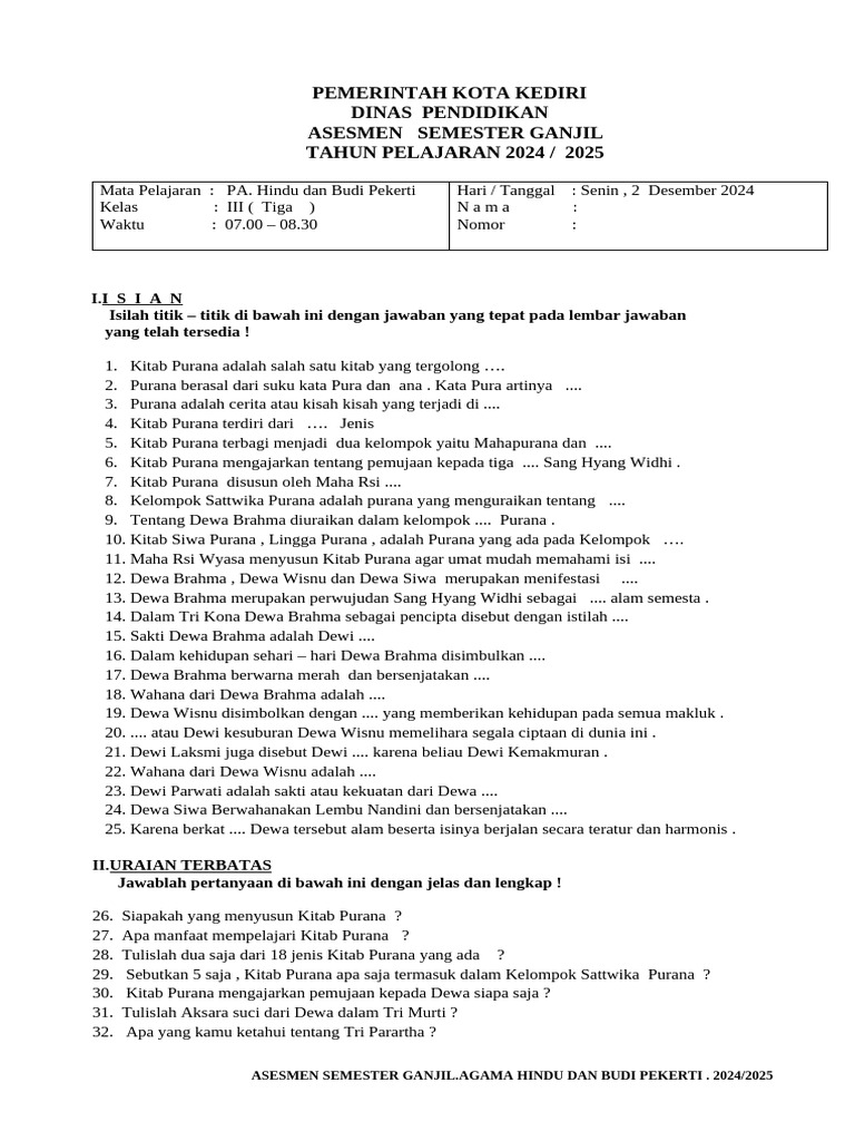Asesmen PA Hindu Kelas 3 | PDF