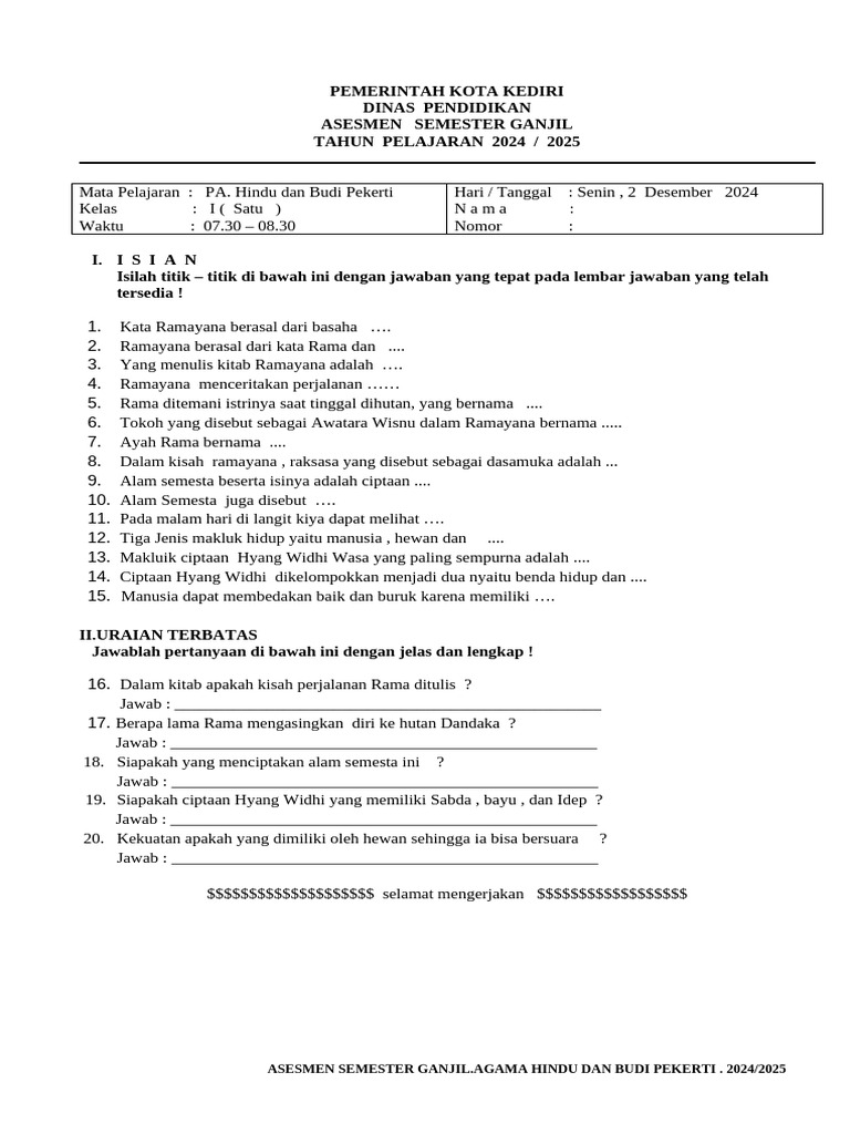 Soal Asesmen Klas 1, Kumer | PDF