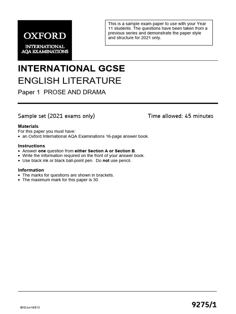 Sample IGCSE English Literature Exam Paper | PDF