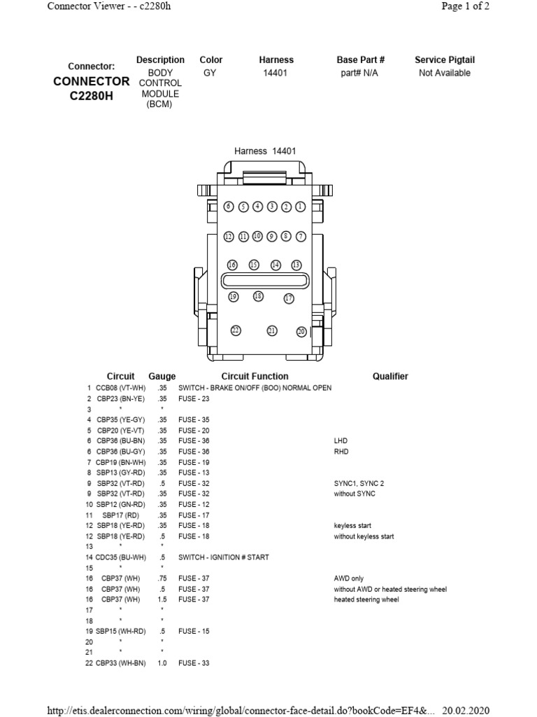 BCM connector C2280H | PDF | Vehicles | Motor Vehicle
