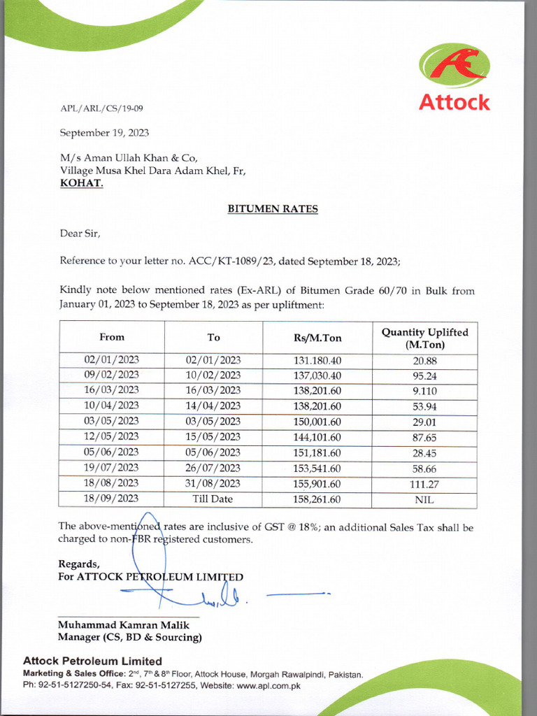 APL Rawalpindi (Bitumen) - 1st | PDF