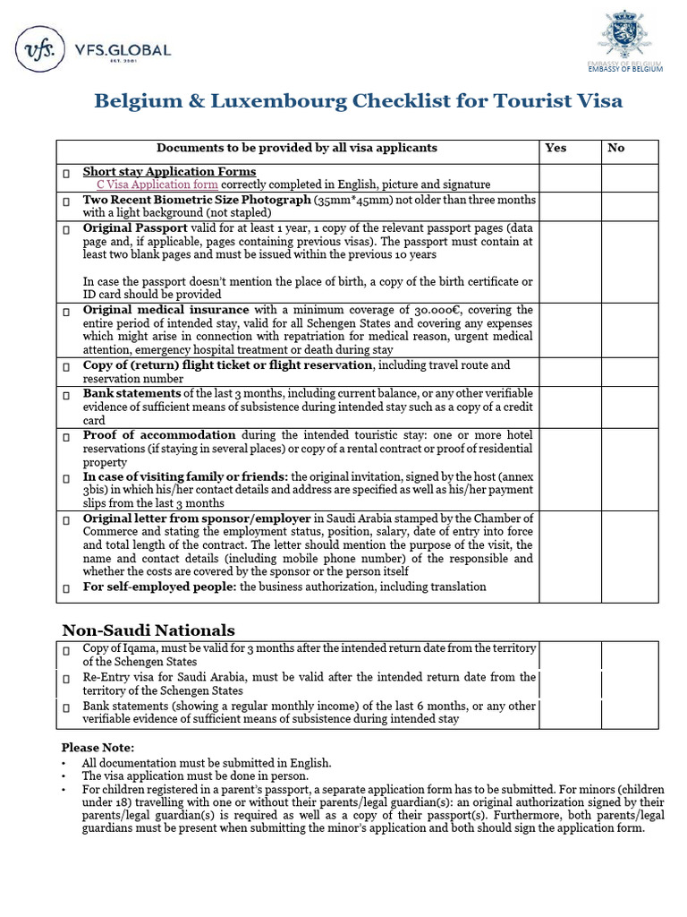 Belgium Checklist For Tourist Visa | PDF | Travel Visa | Passport