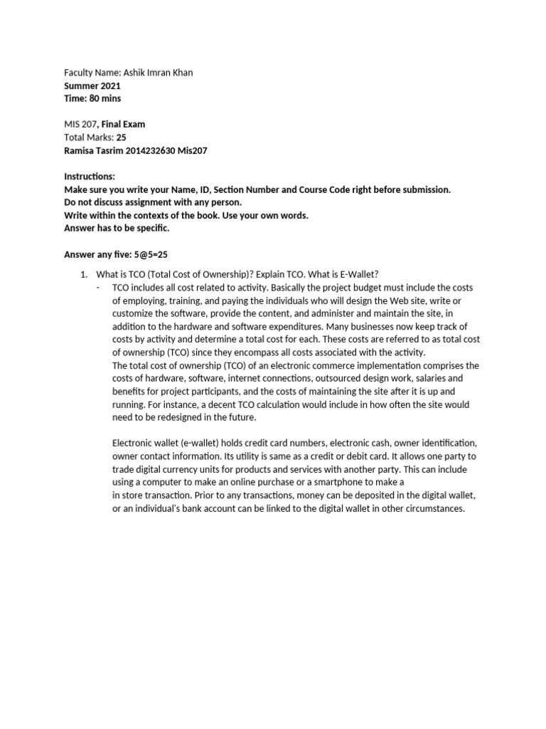 Ramisa Tasrim 2014232630 - MIS 207 Final Exam Summer 2021 | PDF | Phishing | Service Industries