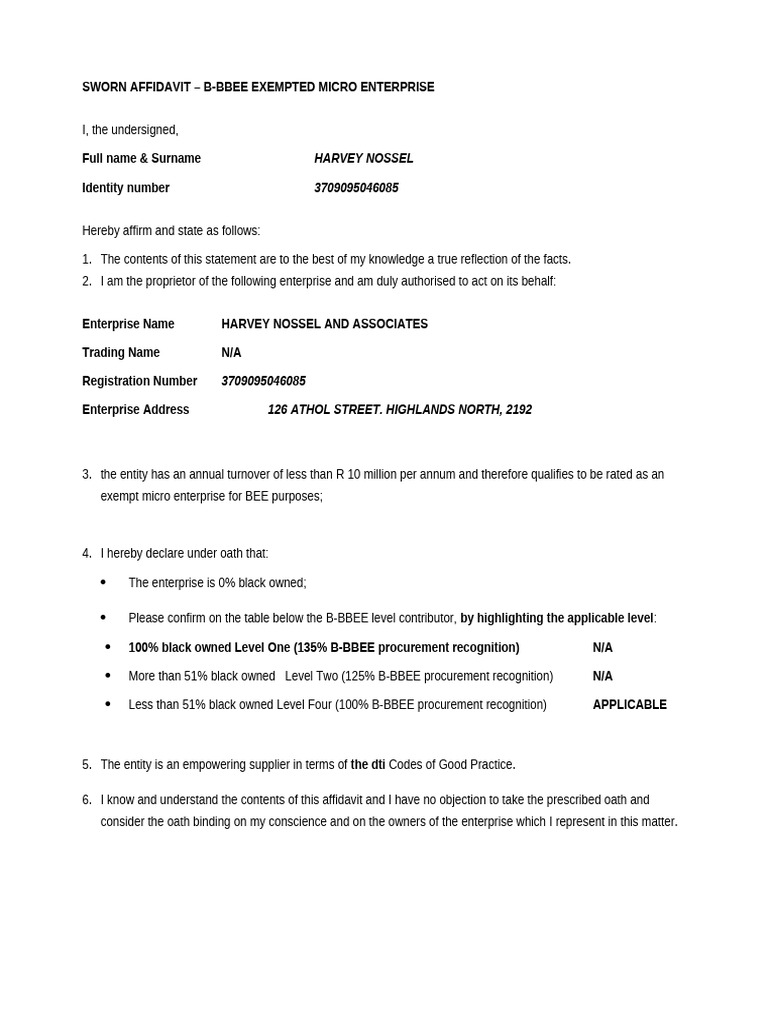 Harvey Nossel Bbbee Affidavit For Level 4 | PDF