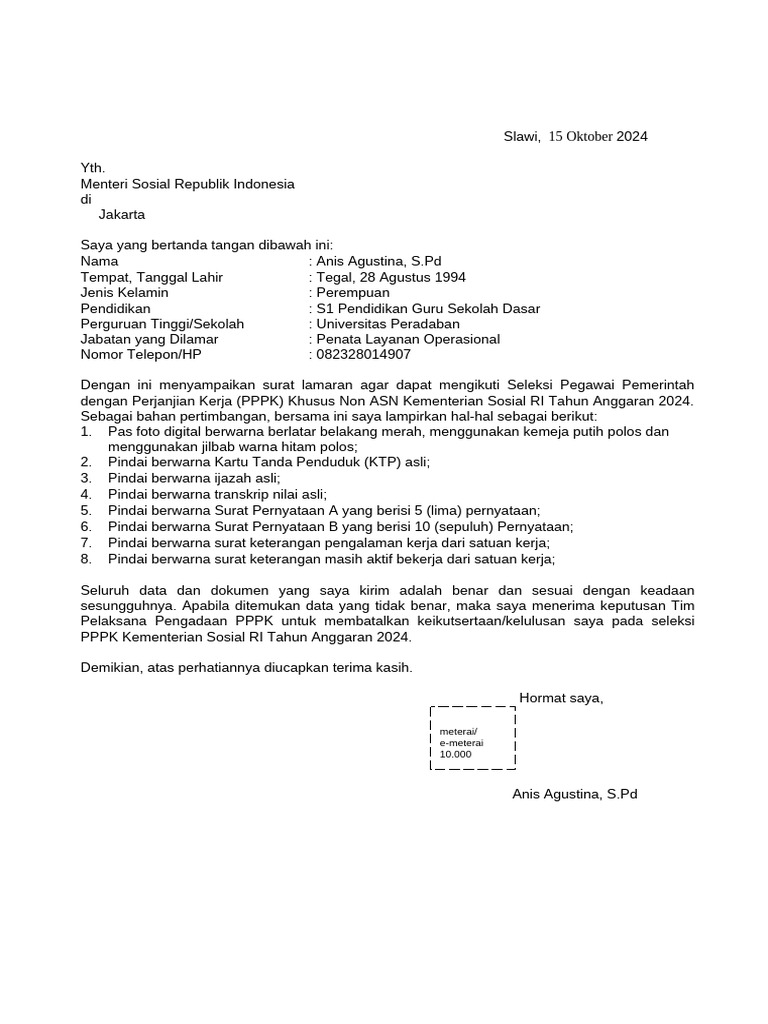 SURAT LAMARAN KEMENSOS Anis | PDF