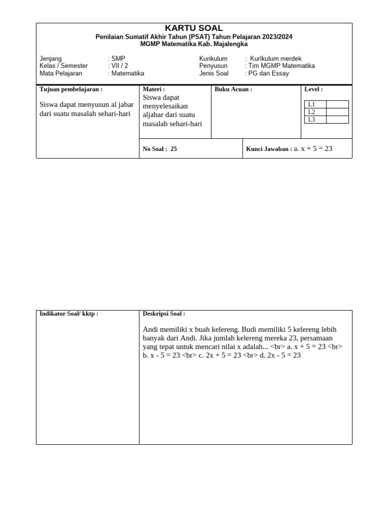 Aljabar Kartu Soal Psat MTK Kurmed 2024 | PDF