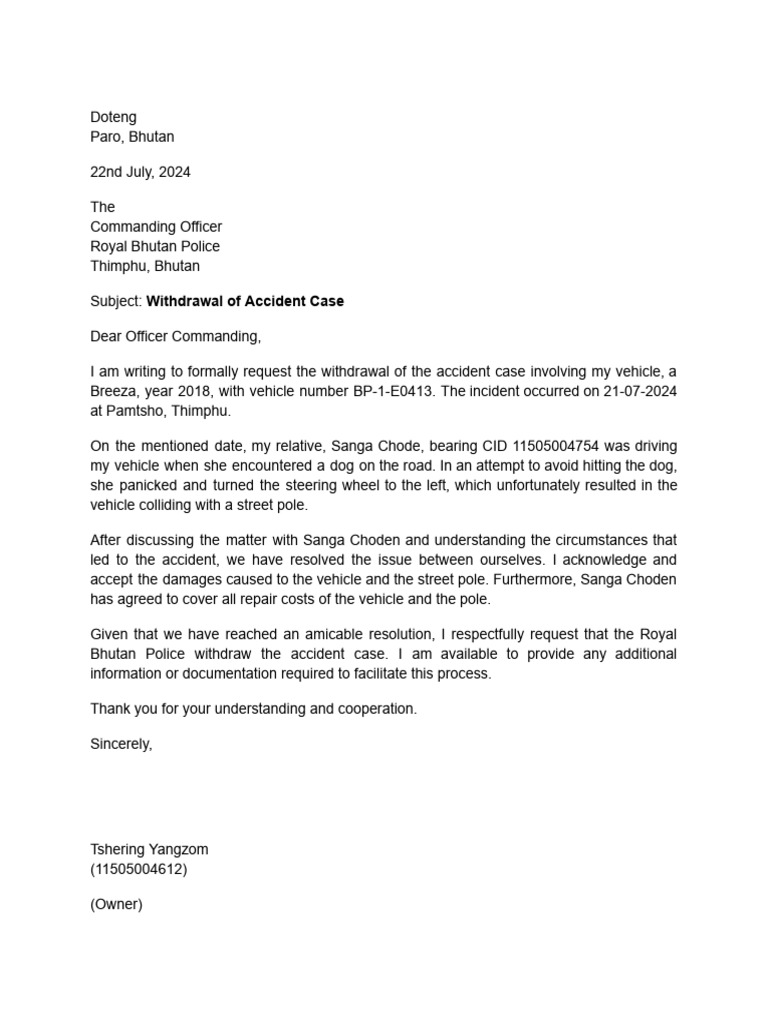 Withdrawal Request for Accident Case | PDF