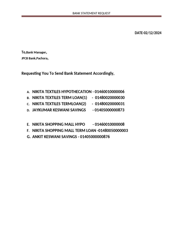 Bank Statement Request 2024 | PDF