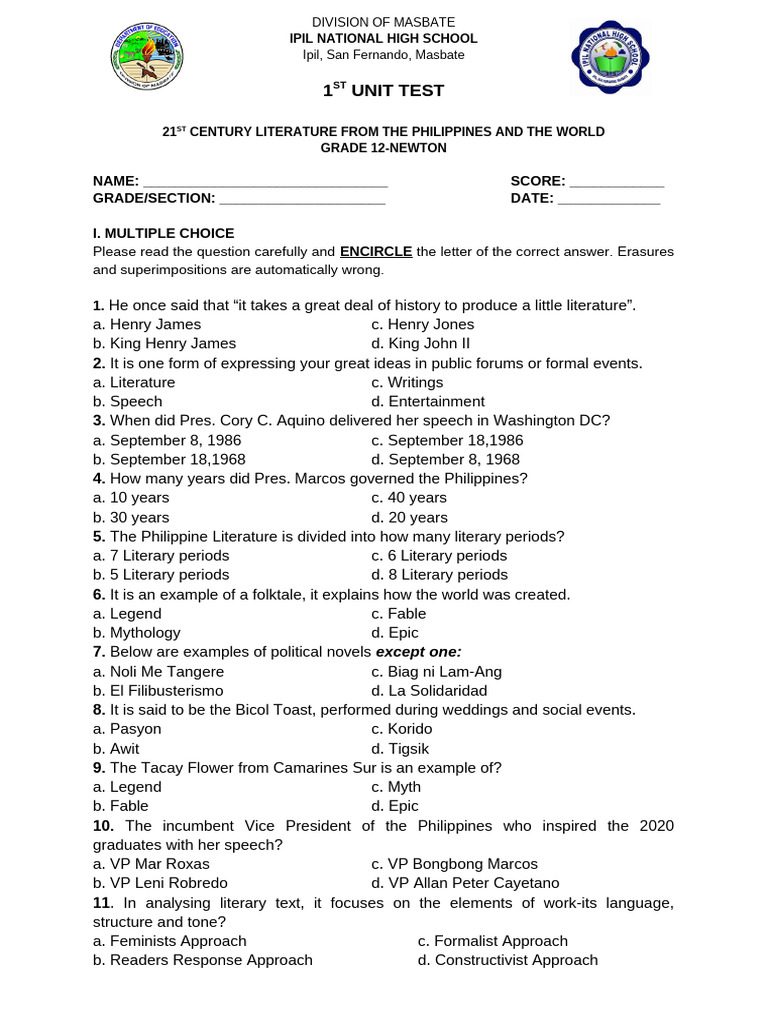 21ST Century Literature Unit Test | PDF