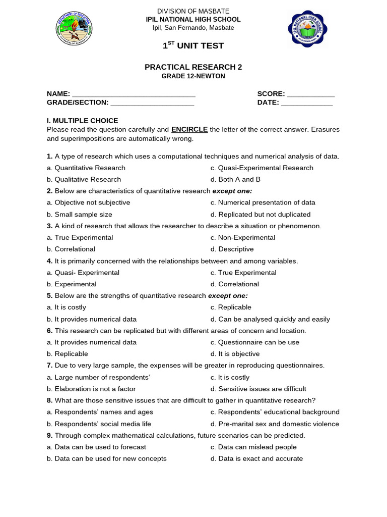 Practical Research 2 Unit Test | PDF | Level Of Measurement ...