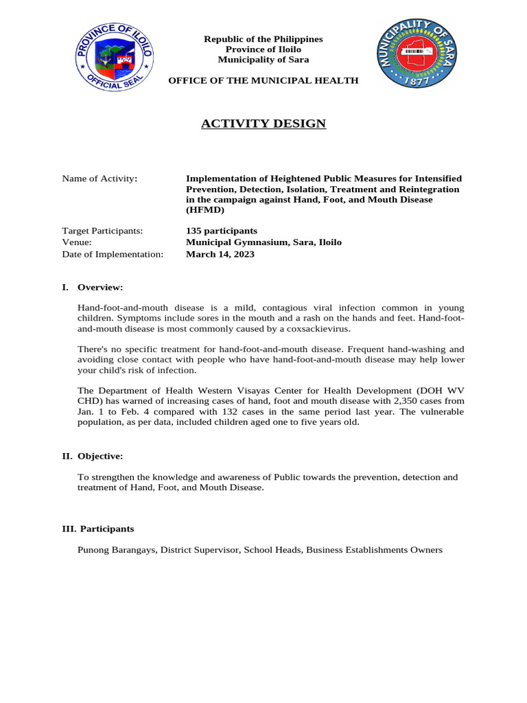 ACTIVITY DESIGN - HFMD | PDF | Medicine | Medical Specialties