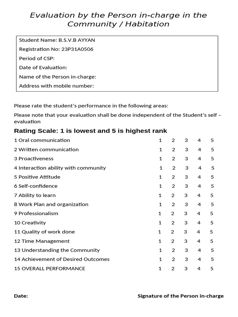 8.Evaluation by the Incharge | PDF | Creativity | Communication