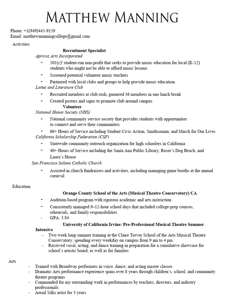 Matthew Manning College Resume | PDF | Performing Arts