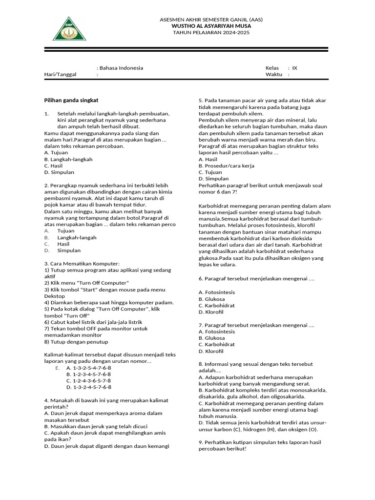 Soal Bin KL S Xi 2024 - Cetak | PDF