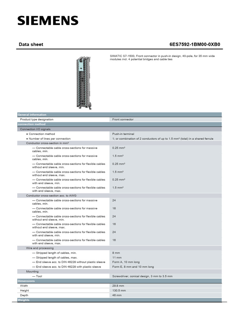 6ES75921BM000XB0 Datasheet en | PDF | Electrical Connector | Electricity