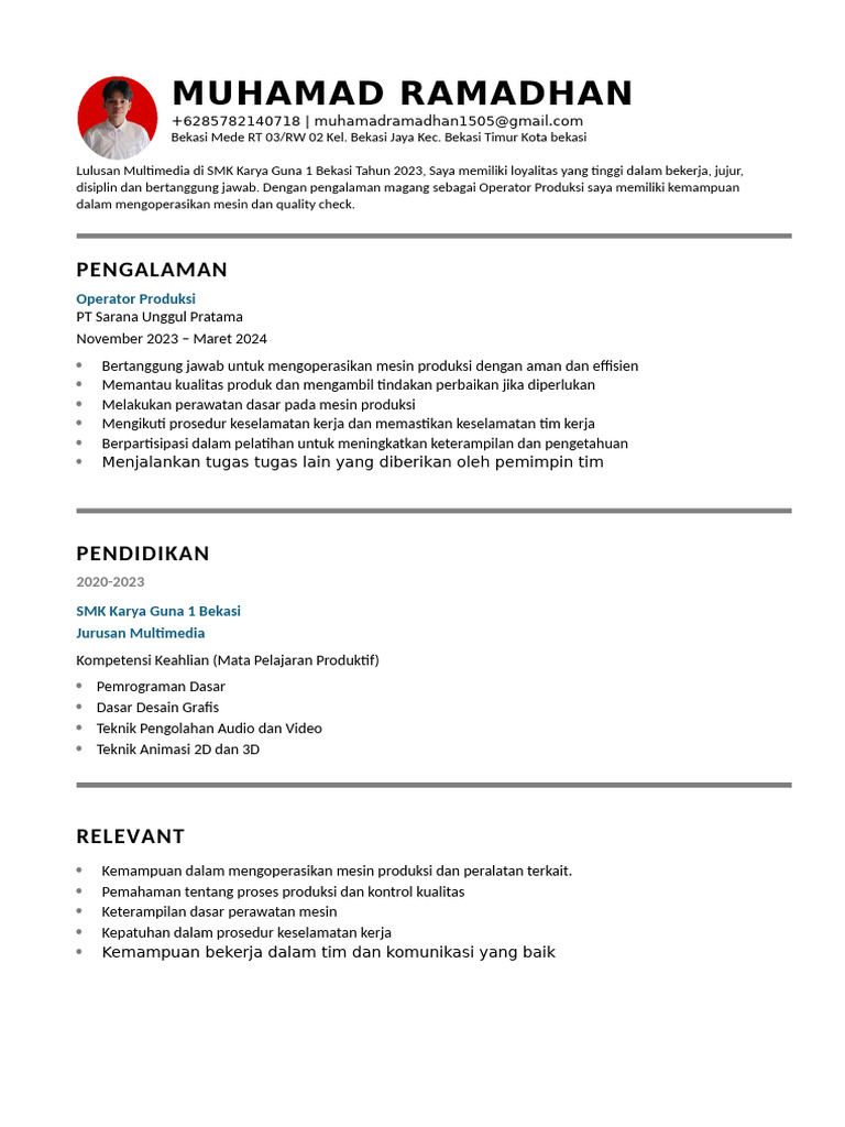 CV Muhamad Ramadhan | PDF