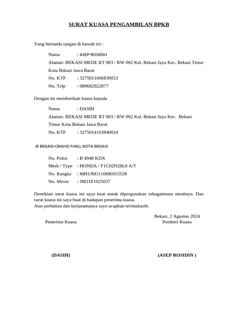 Surat Kuasa Pengambilan BPKB | PDF