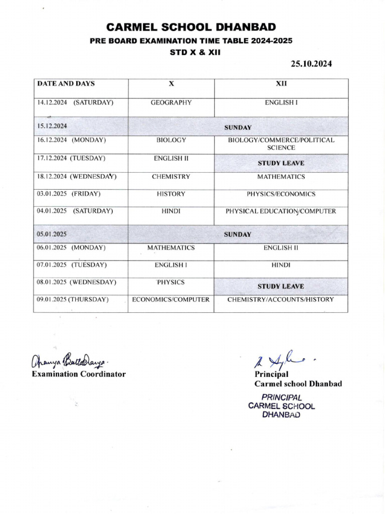 Pre - Board Examination Time Table 2024 | PDF