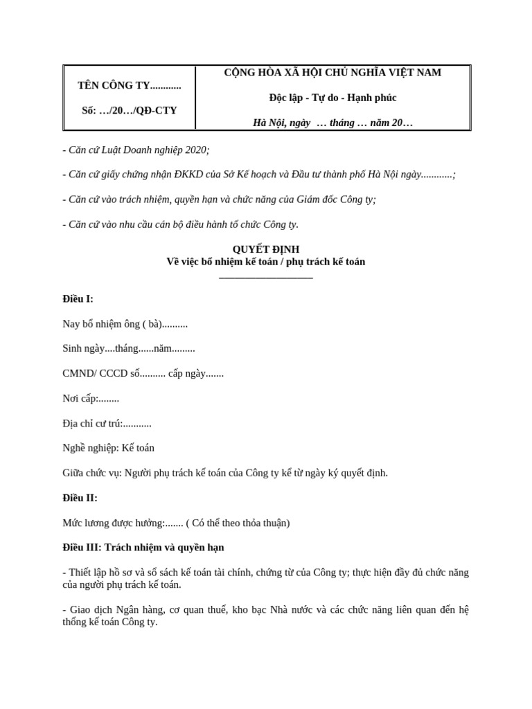 Quyet Dinh Bo Nhiem Ke Toan Vien Nguoi Phu Trach Ke Toan | PDF