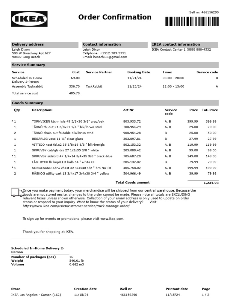 Order Confirmation: Delivery Address Contact Information IKEA Contact Information | PDF ...